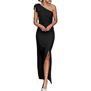 PRETTYGARDEN Women's Summer One Shoulder Long Formal Dresses Sleeveless Ruched Bodycon Wedding Guest Slit Maxi Dress (Black,Small)