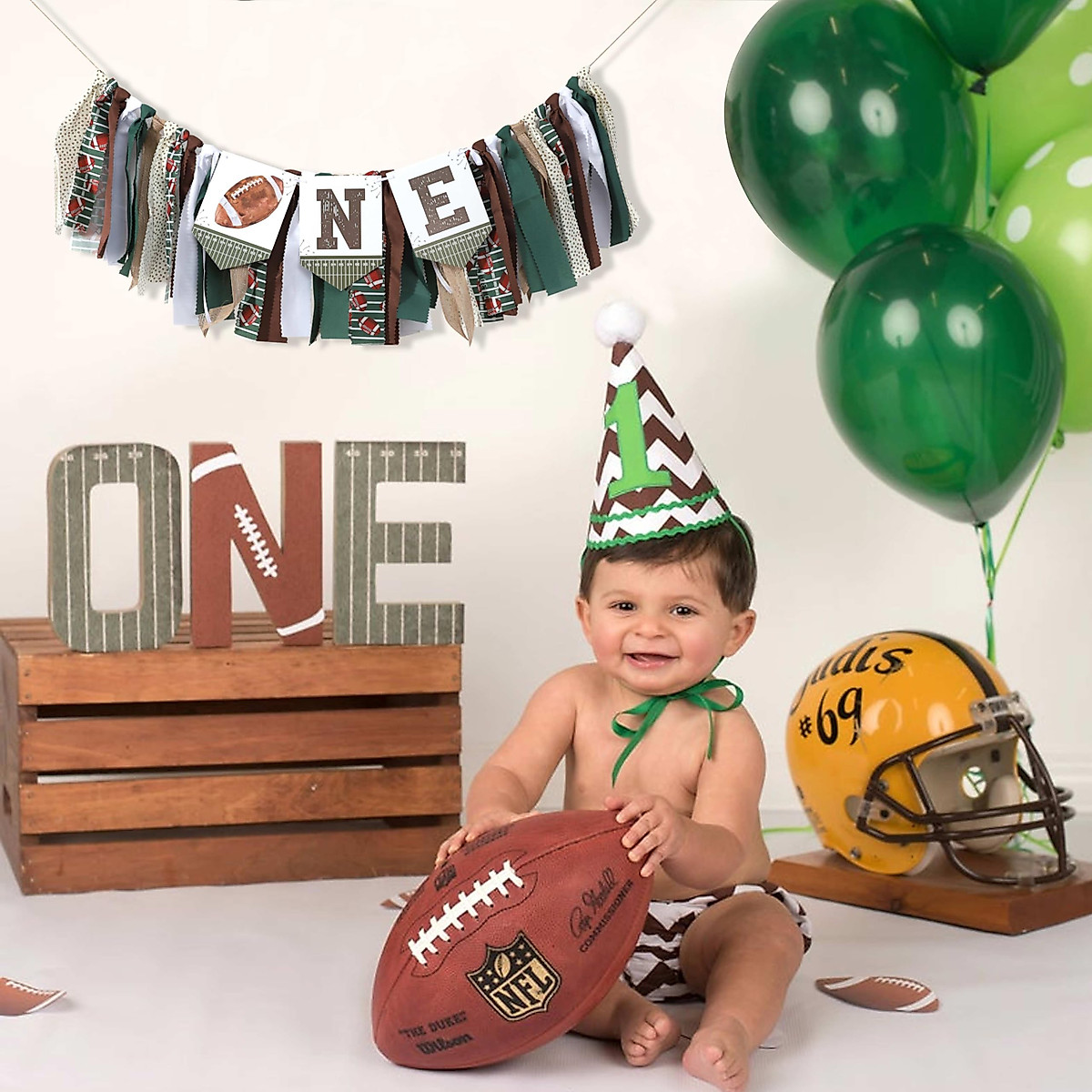 Football One High Chair Banner - Football 1st Birthday Party Decorations,Football First Highchair Banner,First Year Down Themed Decor,First Year Down Football Highchair Banner