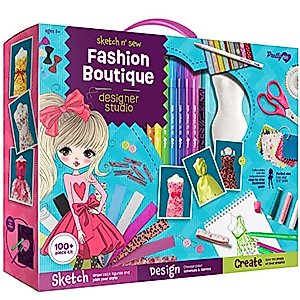 Fashion Design Studio - Sewing Kit for Kids - Girls Arts & Crafts Kits Age 6, 7, 8, 9, 10-12 - Learn to Sketch & Sew with Real Designer Sketchbook - Kid Art Project Gift - Girl Craft Activities Gifts