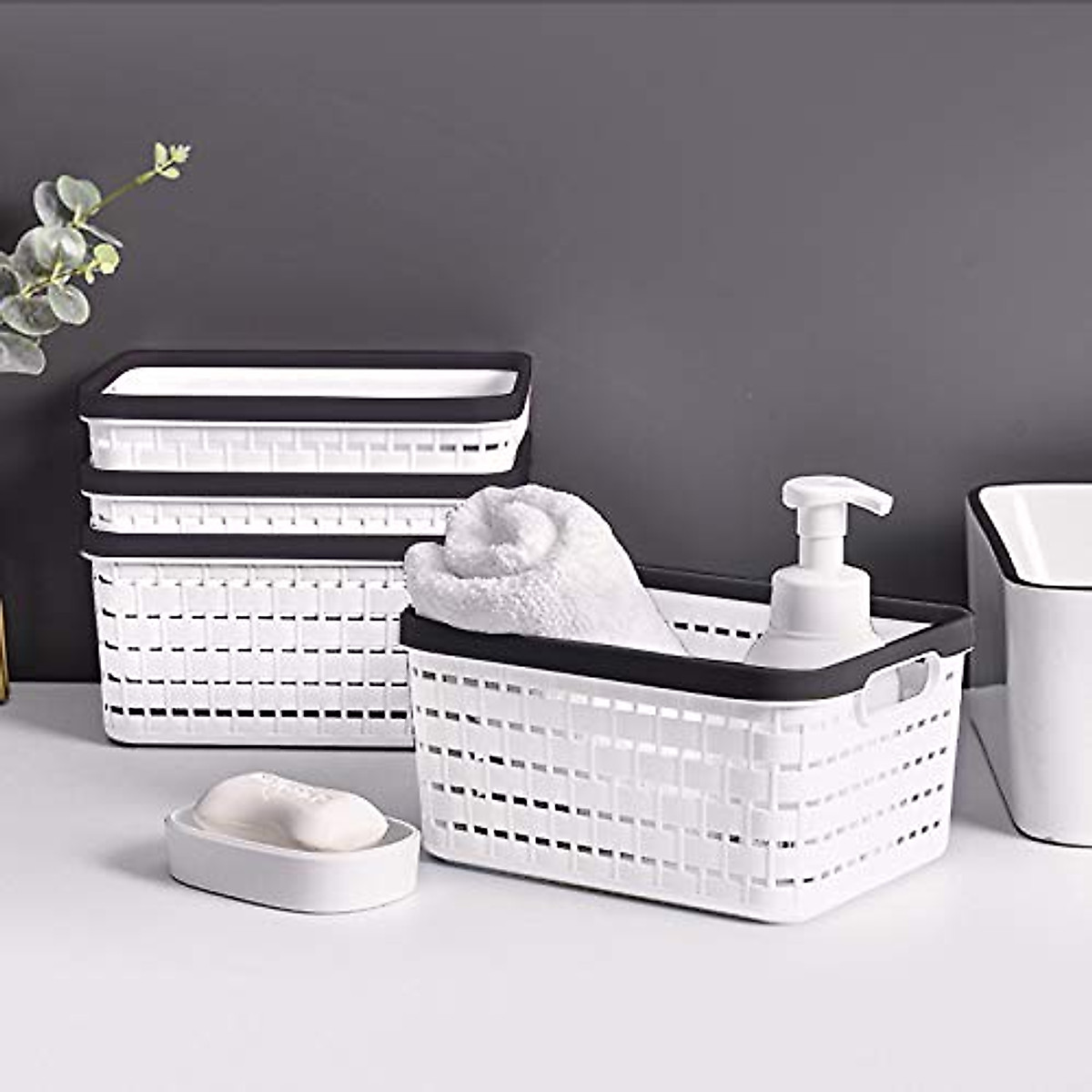 ESPEN 5Pack Plastic Storage Basket White, Desktop Weave Baskets with Handle, Portable Bathroom Open Storage Bin, Small Plastic Containers Shelf Brackets for Shelves Countertop Kitchen Cabinet Office