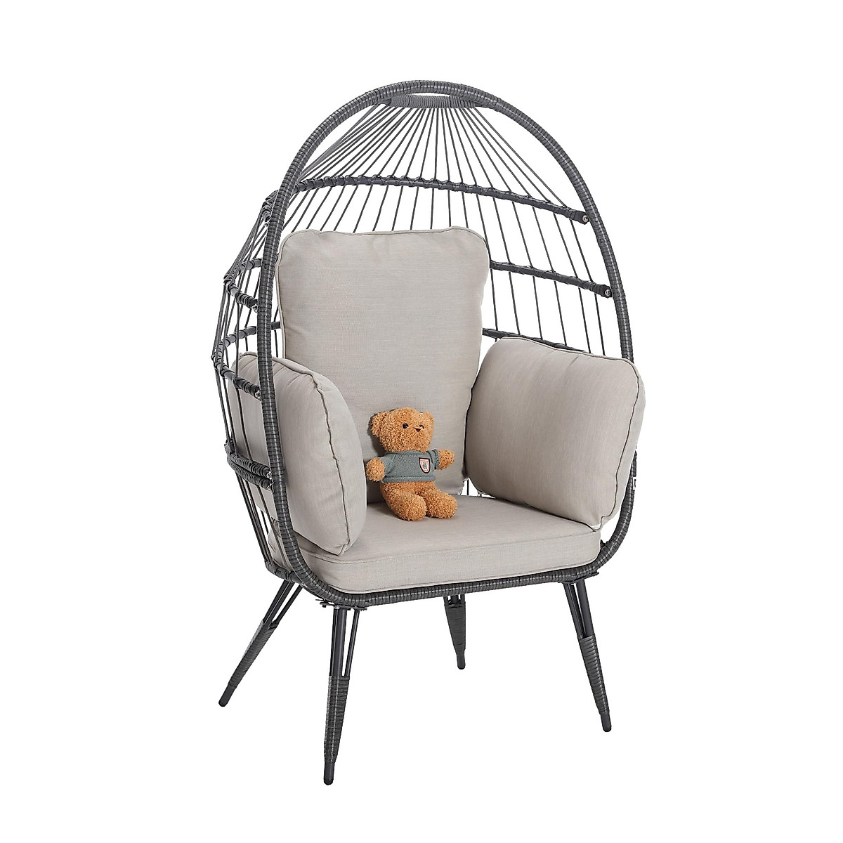 Kayflora Wicker Egg Chair, PE Rattan Egg Basket Lounge Chair with Stand, with Cute Throw Pillow, Patio Chair for Patio, Garden, Yard, Living Room, Sunroom,Beige