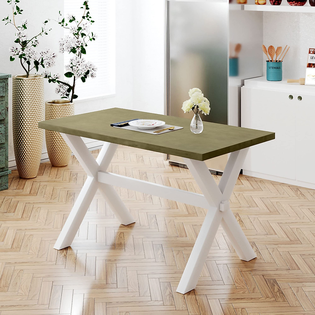 TARTOP 45.5 Inches Rustic Farmhouse, Wood Kitchen Room X-Shape Legs, Rectangle 4-6, Easy to Assemble, Gray Green+_White, Round Extendable Dining Table, Espresso