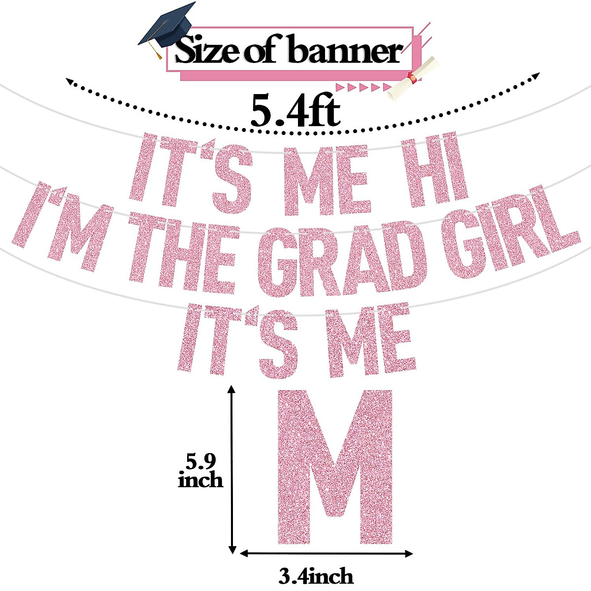 Pink Glitter It's Me Hi I'm the Grad Girl It's Me Banner, Class of 2024/Congrats 2024 Grad/Congratulation, 2024 Graduation Party Decorations Supplies for Girls