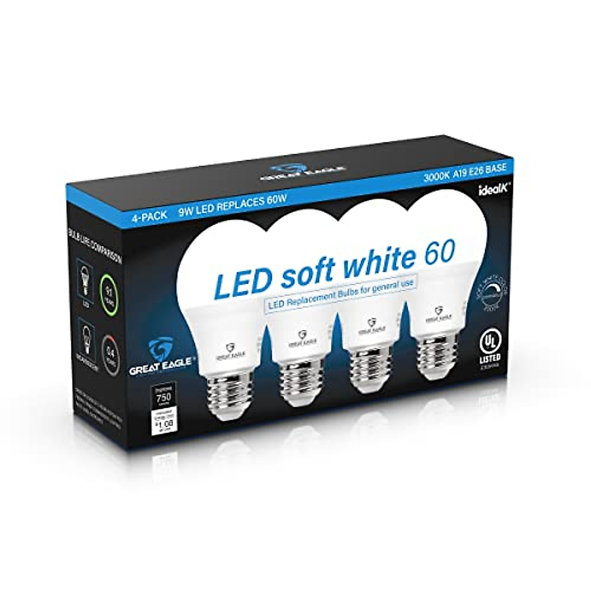Great Eagle A19 LED Light Bulb, 9W (60W Equivalent), UL Listed, 3000K Soft White, 750 Lumens, dimmable, Standard Replacement (4 Pack)