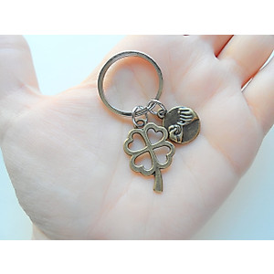 Bronze Four Leaf Clover Charm Keychain with Pinky Promise Charm for Couples or Best Friends, Anniversary Keychain