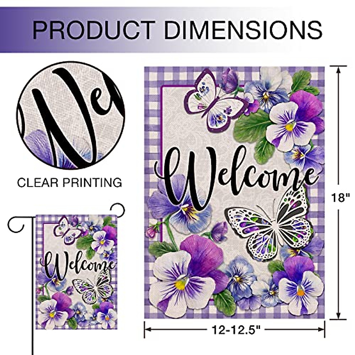 Hzppyz Welcome Summer Pansy Butterfly Garden Flag Double Sided, Purple Buffalo Plaid Check Decorative Yard Outdoor Small Decor, Spring Farmhouse Home Outside Decorations 12 x 18