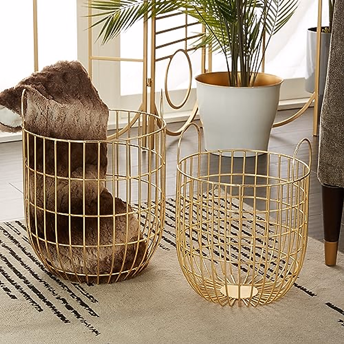 Deco 79 Contemporary Metal Round Storage Basket, Set of 2 13", 11"W, Gold