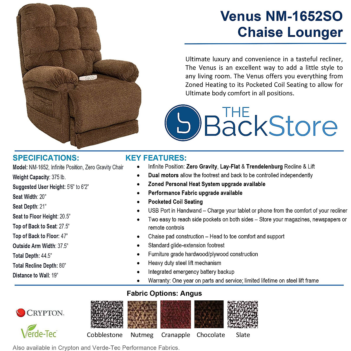 Windermere Burton NM1650 Power Lift Chair Recliner Infinite Position with Trendelenburg by Mega Motion - NutMeg