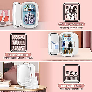 BUXFMHT 20L Mini Fridge, Skincare Fridge, Makeup Fridge with LED Mirror, AC/DC Portable Thermoelectric Cooler and WarmerSmall Fridge, Eco & Quiet Mini Refrigerator for Bedroom, Comestic Storage