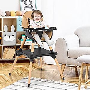 BABY JOY 5 in 1 High Chair, Convertible High Chairs for Babies and Toddlers/Booster Seat/Table and Chair Set, Infant Wooden Highchair w/ 5-Point Harness, 4-Position Removable Tray & PU Cushion, Coffee