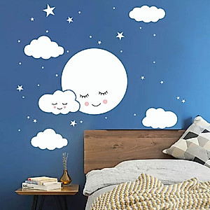 Smiling Moon Stars Clouds Wall Decals Peel and Stick Stickers Art Mural Decor for Home Dorm Party Nursery
