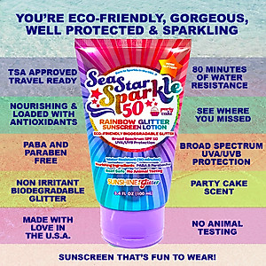 Seastar Sparkle - Rainbow Party Cake Scented Glitter Sunscreen - SPF 50 - Biodegradable Sunscreen, Kids, Water Resistant, Glitter lotion, Cruelty Free, Kids Lotion, Made in USA, 3.4oz