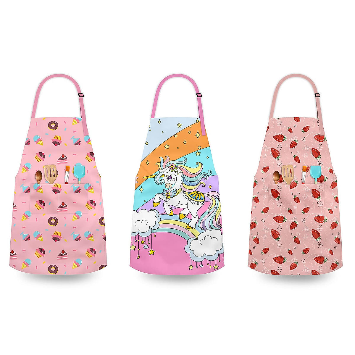 DEABOLAR Kids Aprons for Girls Toddler Donut Aprons with Pockets for Kids Cooking Baking Painting Crafting Art Gardening Adjustable, Machine Washable