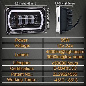 SEUYA 4x6 LED Headlights with RGB Halo Ring Music Mode Replacement H4651 H4652 H4656 H6545 Truck Chevrolet Kenworth Oldsmobile Ford Peterbilt