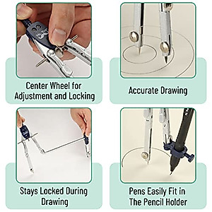 Mr. Pen- Professional Metal Compass with Wheel and Lock for Geometry, Drafting, Math, Drawing