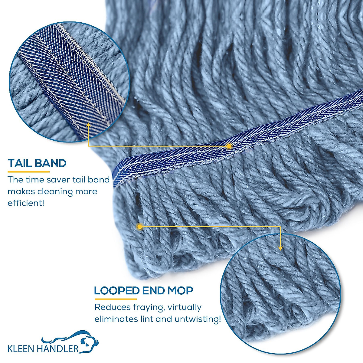 KLEEN HANDLER General Cleaning Mop Heavy Duty Commercial Replacement, Wet Industrial Blue Cotton Looped End String Head Refill (Pack of 3)