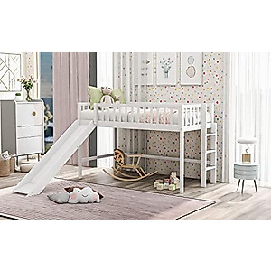Harper & Bright Designs Twin Size Low Loft Bed Frame with Ladder and Slide for Kids,White
