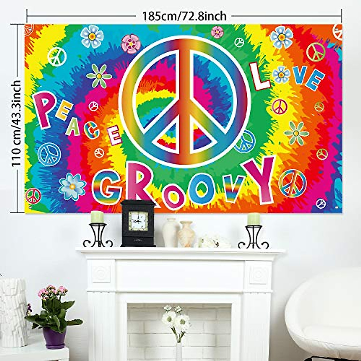 60's Carnival Groovy Decoration Banner Hippie Theme Party Photography Background 60's Party Scene Setters Groovy Wall Decoration Kit Peace and Love for Large Party Supplies 72.8 x 43.3 Inch