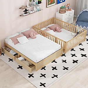 HomSof Full Size Wood Daybed with Fence Guardrails and 2 Drawers, Split into Independent Floor Bed & Daybed, Natural