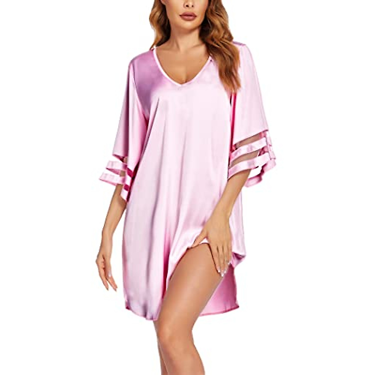 Ekouaer Satin Nightgown for Women 3/4 Sleeve Silk Sleep Shirt V Neck Knee Length Sleep Dress Pink Medium