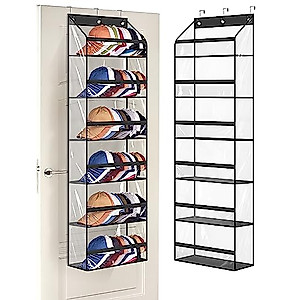 AOODA Clear Over the Door Hat Racks for Baseball Caps, Large Holds up to 72 Caps Hat Storage Organizer for Closet Wall, Deep Pockets Hanging Hat Holder with 3 Hooks, Black