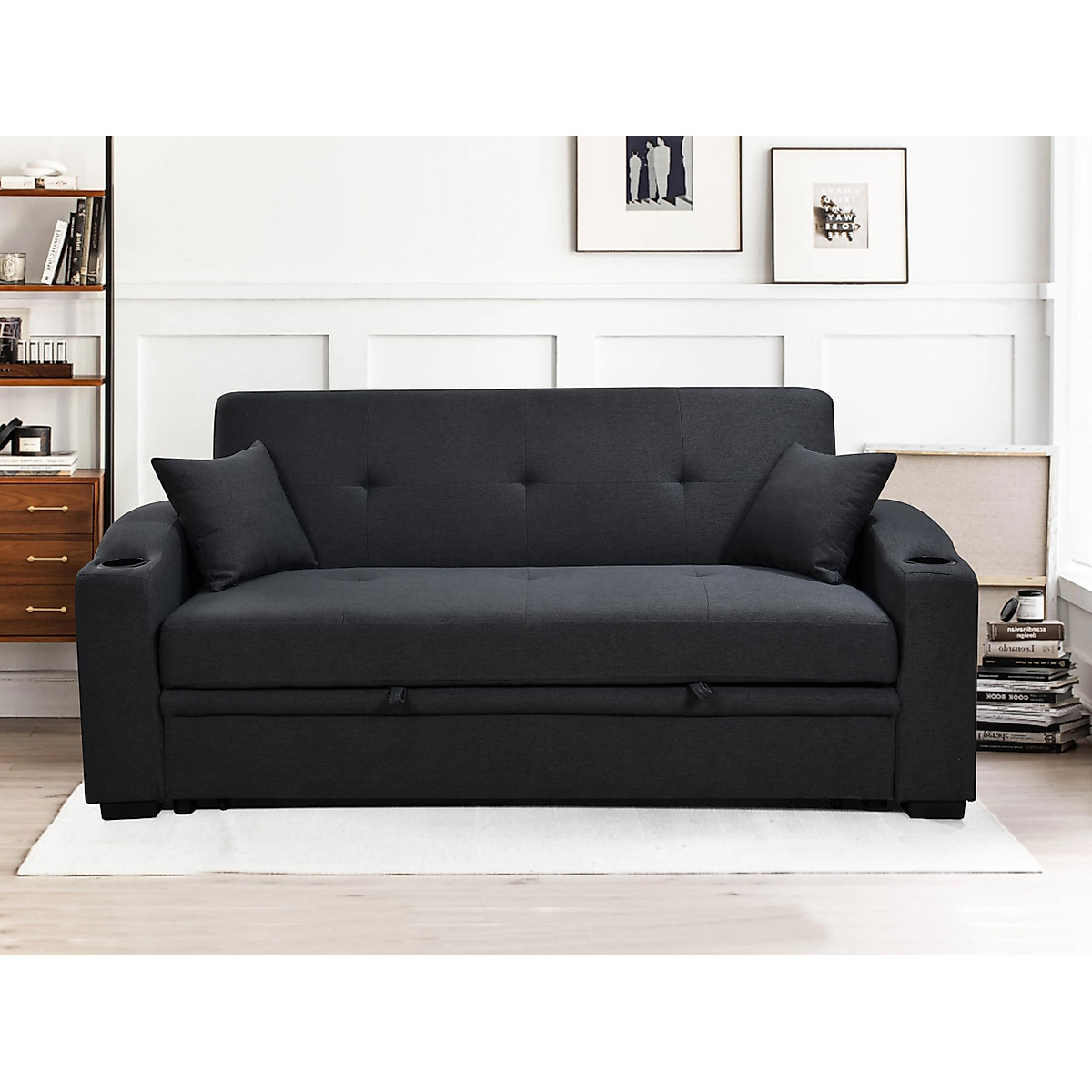 ZIGHTH 75'' Convertible Queen Size Sleeper Sofa Bed with Cup Holders, Modern Linen Loveseat Sofa Couch with Pull Out Bed and Adjustable Backrest for Living Room, Apartment, Bedroom. Dark Blue