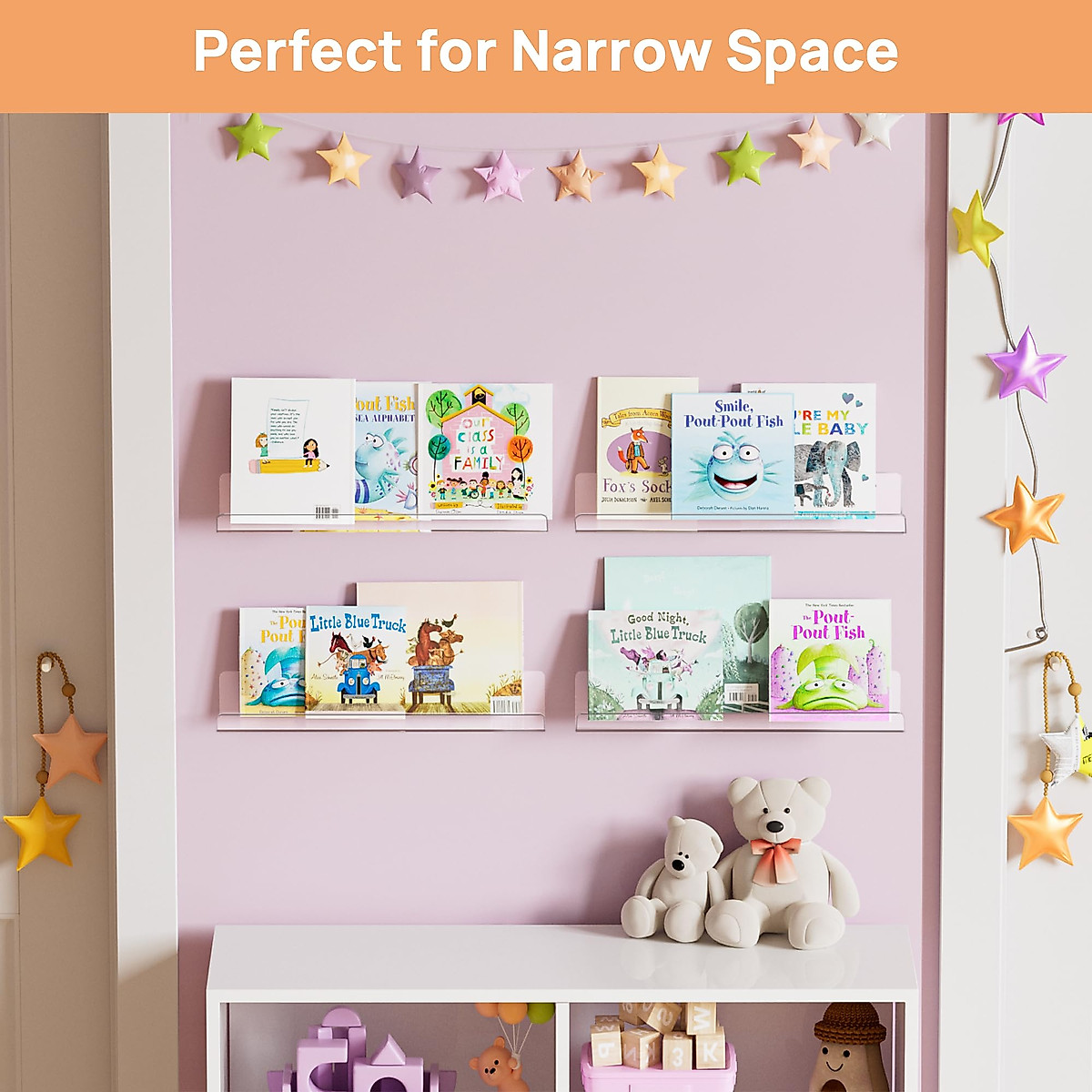 upsimples Clear Acrylic Shelves for Wall Storage, 15" Acrylic Floating Shelves Wall Mounted, Kids Bookshelf, Display Ledge Wall Shelves for Bedroom, Living Room, Bathroom, Kitchen, Set of 4