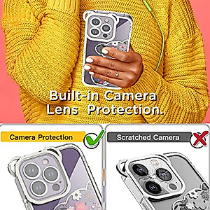 AICase for iPhone 14 Pro Max Case Cute for Women Girl, Bear Floral Flowers Girly Clear Kawaii Phone Case with Bracelet Wrist Strap Chain and Camera Protection Pretty Trendy Protective Cover