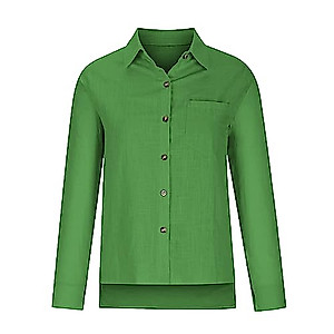 Deals of The Day Trendy Tops for Women 2023 Womens Cotton Linen Button Down Shirt 2023 Casual Long Sleeve Solid Color Shirts Loose Work Tops with Pockets Green XL