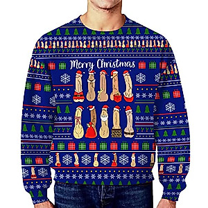 Ugly Christmas Sweatshirt Men Dirty Dildos Striped Printed Crewneck Winter Fashion Outdoor Party Pullover Top Casual (Blue, X-Large)