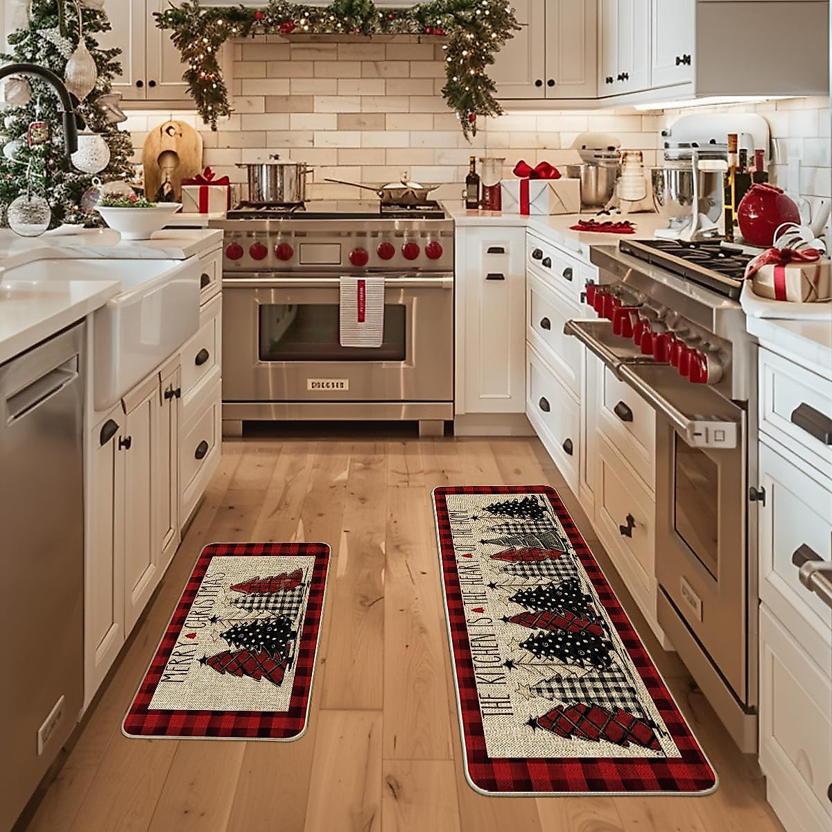 Artoid Mode Red Buffalo Plaid Xmas Trees Merry Christmas Kitchen Mats Set of 2, Winter Decor Low-Profile Kitchen Rugs for Floor - 17x29 and 17x47 Inch