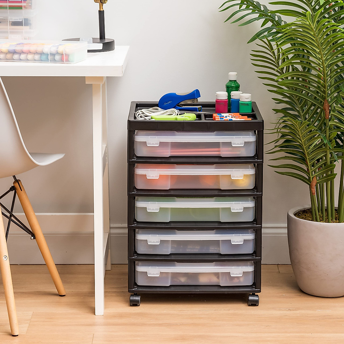 IRIS USA 5 Drawers Scrapbook Plastic Rolling Storage Cart with Organizer Top with Casters,Black