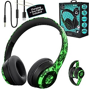 Disney Nightmare Before Christmas Glow in The Dark Bluetooth Headphones Over Ear, Wireless and Wired Foldable Headset Built-in Microphone - Tim Burton Jack Skellington & Sally - Adults Kids