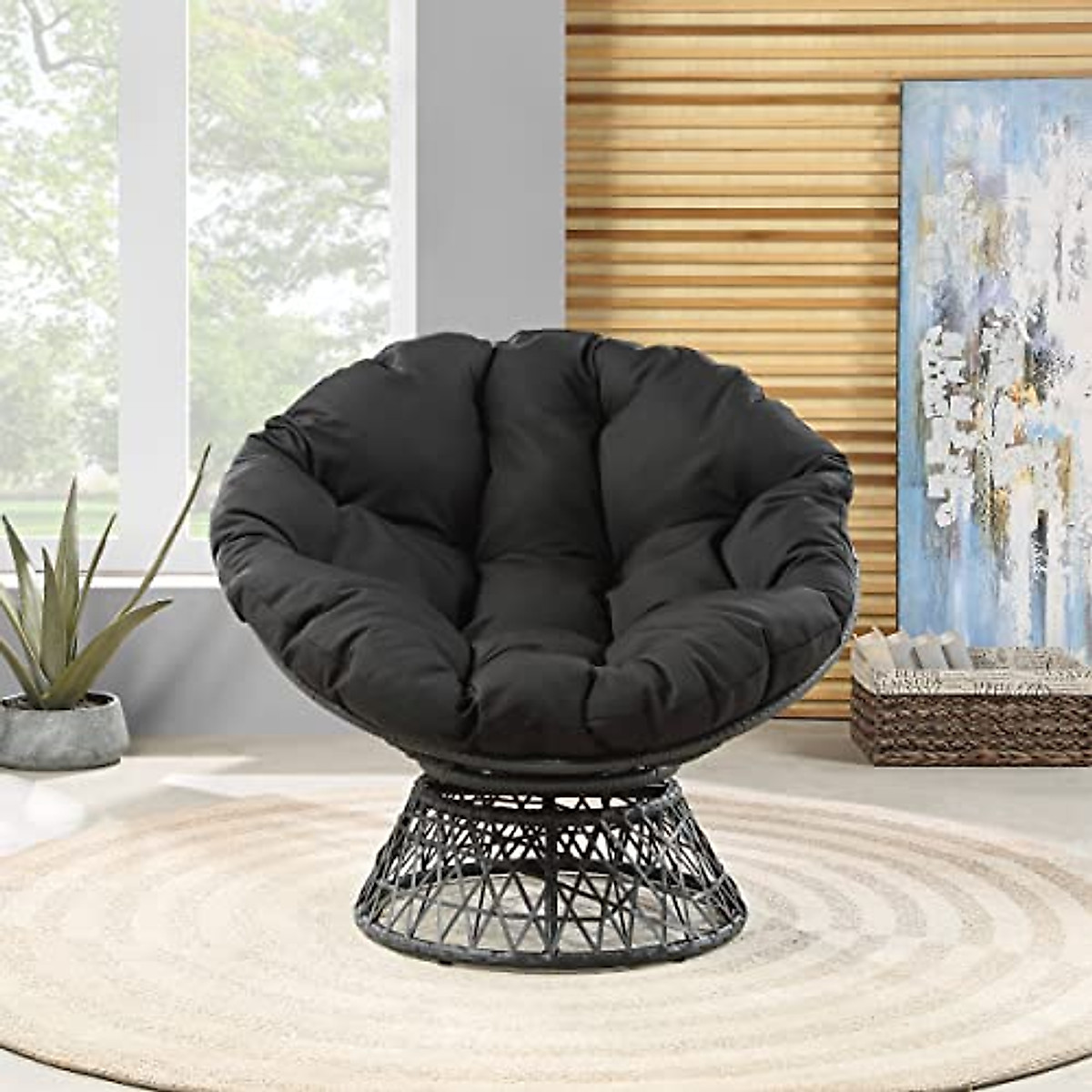OSP Home Furnishings Wicker Papasan Chair with 360-Degree Swivel, Grey Frame with Black Cushion