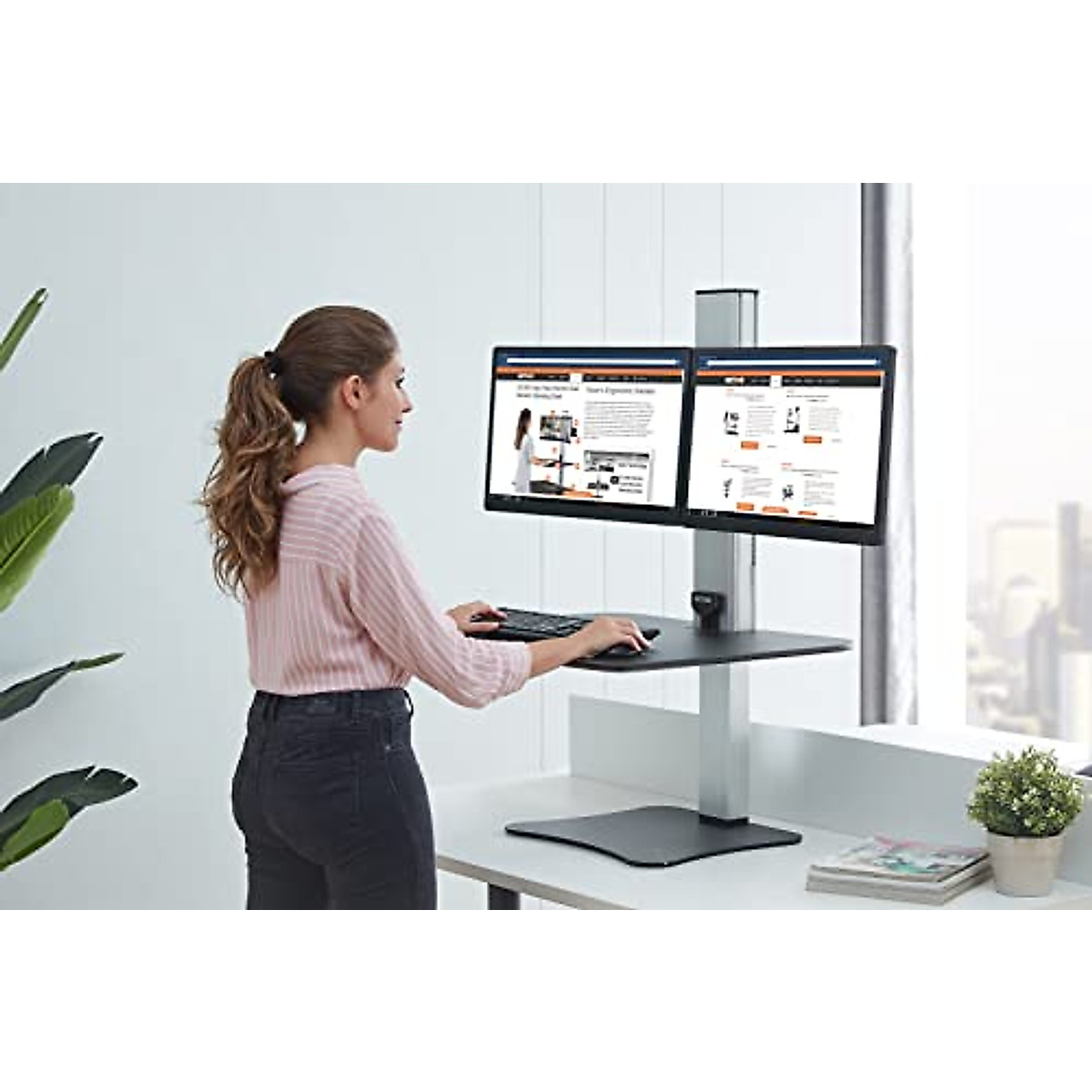 Victor DC450 Dual Monitor Electric Standing Desk, Black, 28 inch Wide Work Surface, Compatible with Any Standard Desk, Monitor Mount Included