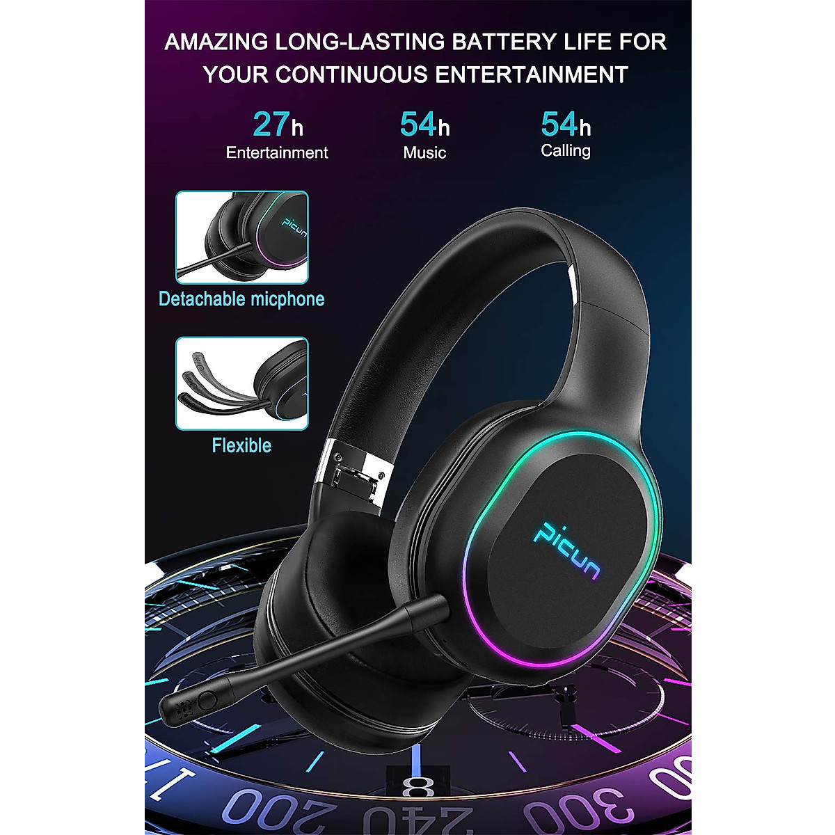 Meseto Wireless Bluetooth Noise Cancelling Headphones with Microphone, Foldable Over-Ear Headset with Comfortable Protein Earpads, 60 Hours Playtime, for Travel/Work, Black