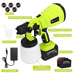 Canbrake CANBRAKE Cordless Paint Sprayer, 21V 6.0Ah Battery Operated HVLP Electric Paint Gun with 5 Copper Spouts & 3 Patterns & 1000ML Container, 800W High Power Airless Paint Sprayer for Home DIY