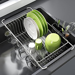 JASIWAY Dish Drying Rack in Sink - Expandable Stainless Steel Dish Drainers for Kitchen Counter, Dish Dryer Rack for Inside Sink, Over The Sink Dish Racks with Utensil Holder, Silver