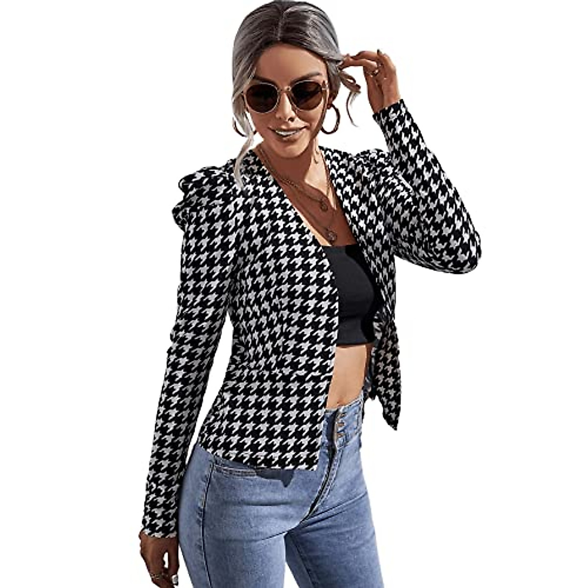 SweatyRocks Women's Casual Houndstooth Blazer Long Puff Sleeve Open Front Jacket Black White M