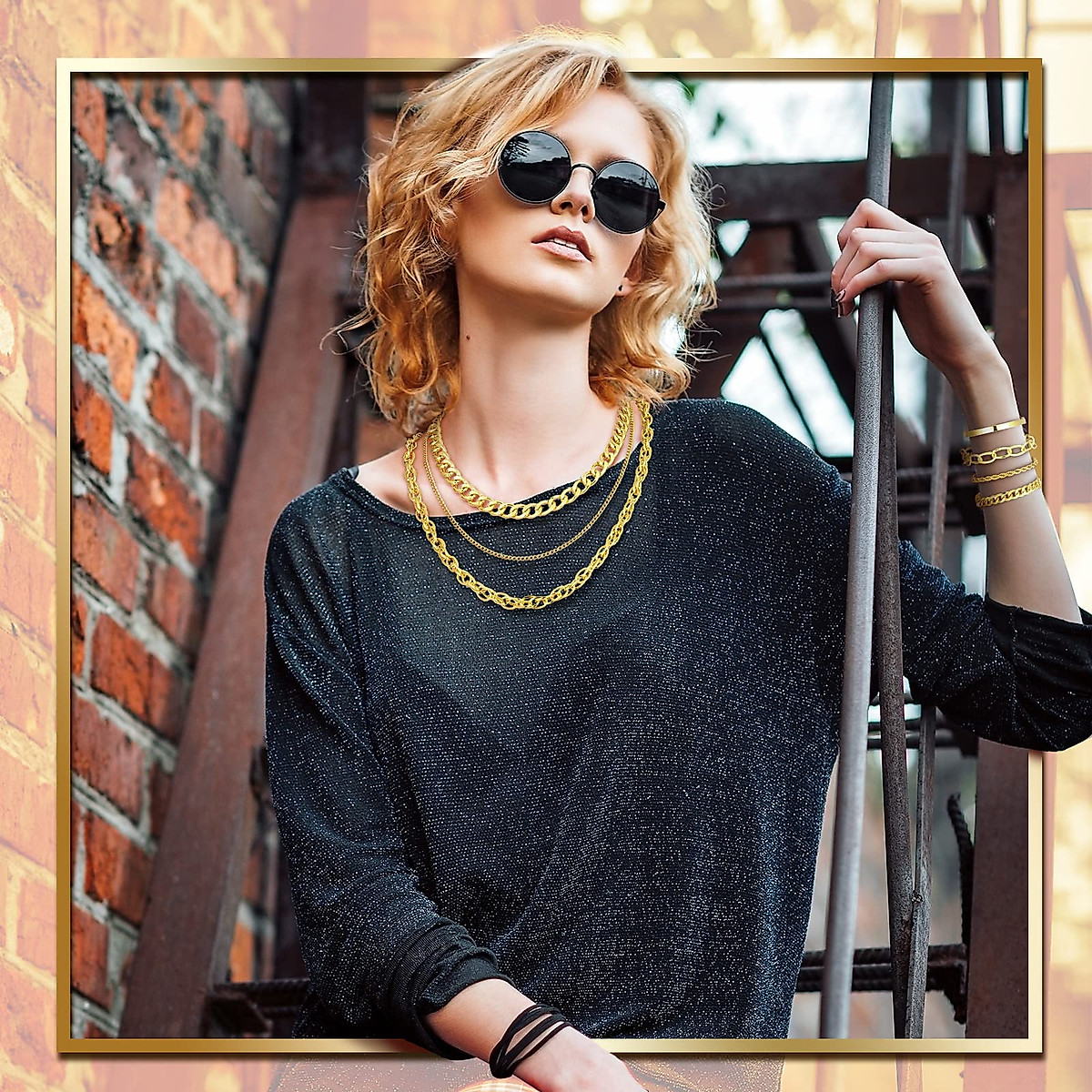 Glenmal 7 Pcs Halloween 90S Jewelry Set for Women Gold Necklace Bracelet Sets 80s Hip Hop Jewelry Gold Party Accessories (Classic)