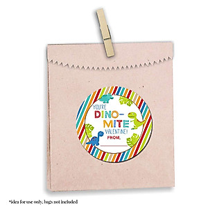 Dino-Mite Dinosaur Valentine Party Favor Sticker Labels for Boys, 40 2" Party Circle Stickers by AmandaCreation, Great for Classroom Valentines, Envelope Seals, Gifts & Treats