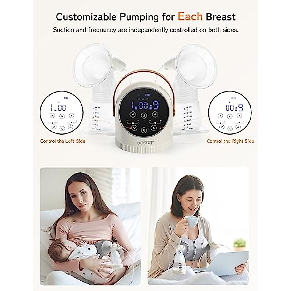 Besrey Double Electric Breast Pump: 200% EFFICIENT with Double Pump & Double Valve, 3 Modes 9 Levels, Memory Function, 10 Breastmilk Storage Bags & 21mm/24mm Flanges Breastfeeding Pump