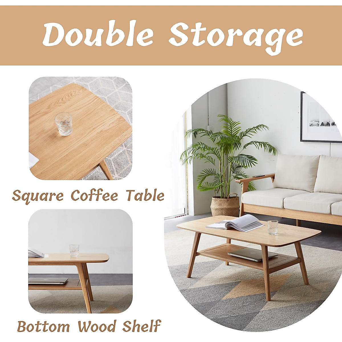 Bamskov 2-Tier Solid Oak Wood Coffee Table - Practical Center Table with Double Storage for Small Apartments, Living Rooms, Bedrooms, and Offices (Natural, 39.37" D x 19.69" W x 17.32" H)