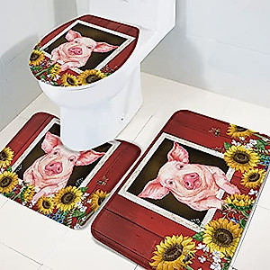3 Pieces Bath Rugs Sets Farm Red Barn Pink Pig Yellow Sunflowers Soft Non-Slip Absorbent Toilet Seat Cover U-Shaped Toilet Mat for Bathroom Decor Cute Animals