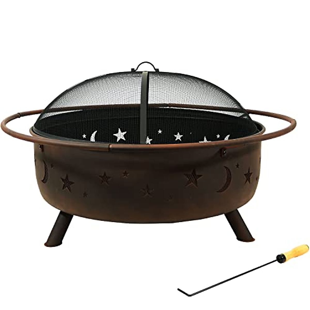 Sunnydaze Cosmic 42-Inch Wood-Burning Steel Fire Pit with Round Spark Screen, Poker, and Built-in Grate - Rust Patina