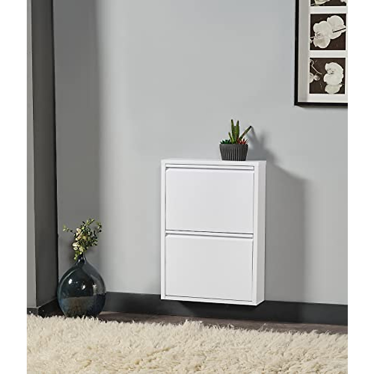 Alveon Flip Drawer Shoe Cabinet, Storage Organizer, Freestanding Shoe Rack, Wall Mounted No-Assembly (White, 2 Drawer)