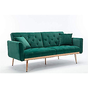 SZLIZCCC 63" Accent Sofa, Mid Century Modern Velvet Fabric Couch， Convertible Futon Sofa Bed ，Recliner Couch Accent Sofa Loveseat Sofa with Gold Metal Feet (Green)