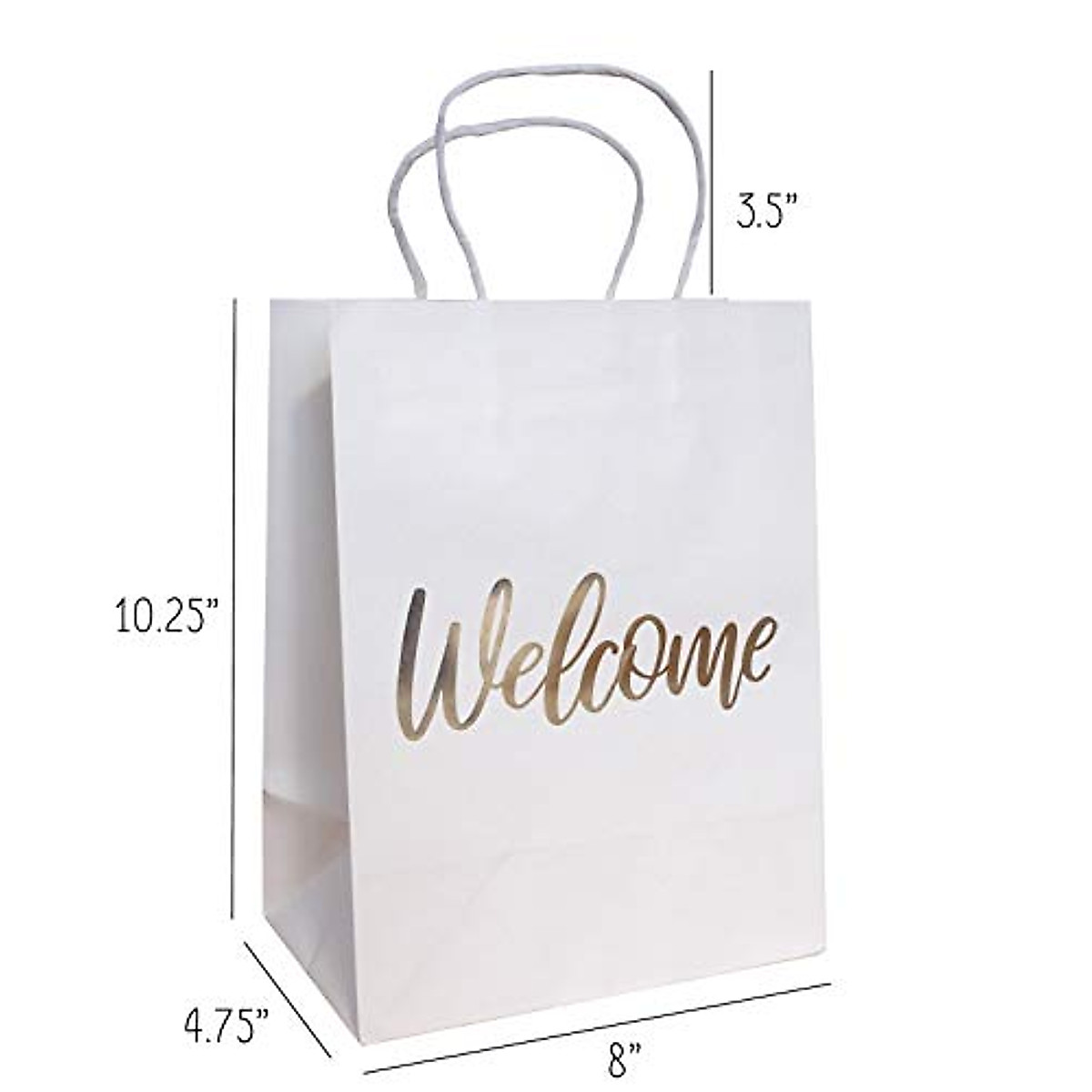 Wedding Welcome Bags - 24 Piece Elegant Wedding Gift Bags with Word ‘’Welcome’’ Embossed in Gold Foil Letters - 4.75" x 8" x 10.25" Inches - White (Pack of 24)
