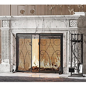 Kingson 2-Panel Fireplace Screen with Doors Handcrafted Wrought Iron Decorative Mesh, Symmetric Scroll Fire Spark Guard-Black