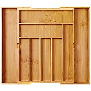 BAMEOS drawer organizer flatware organizer cutlery tray silverware organizer expandable adjustable bamboo drawer organizer kitchen bathroom